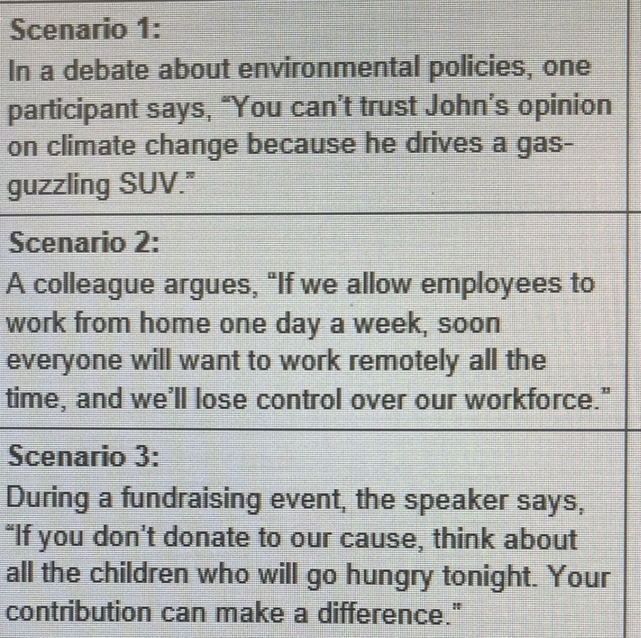 Solved: Scenario 1: In a debate about environmental policies, one ...