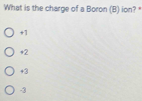 Solved: What is the charge of a Boron (B) ion? * +1 +2 +3 -3 [Chemistry]