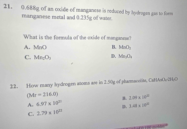 Solved: 0.688g of an oxide of manganese is reduced by hydrogen gas to ...
