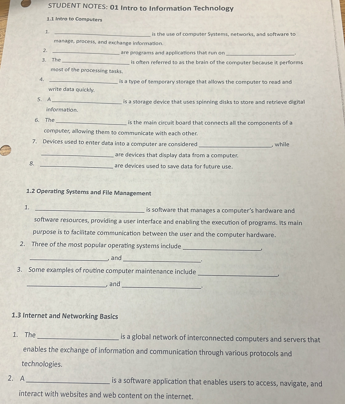 Solved: STUDENT NOTES: 01 Intro to Information Technology 1.1 Intro to ...