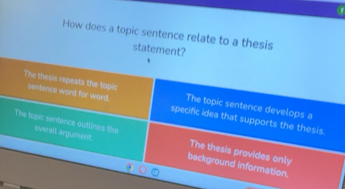 Solved: How does a topic sentence relate to a thesis statement? The ...