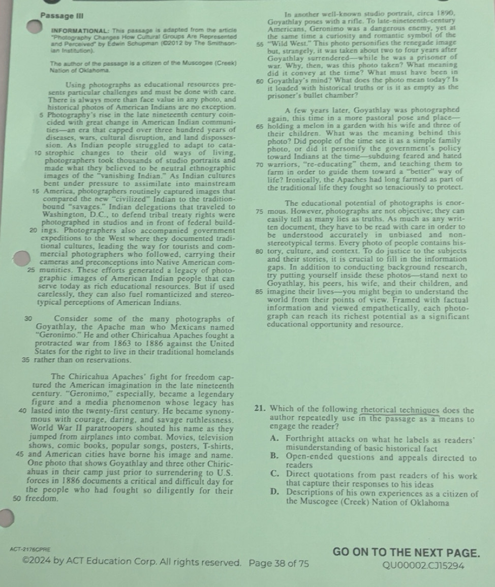Solved: Passage III In another well-known studio portrait, circa 1890 ...