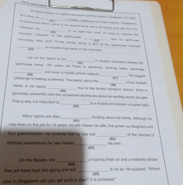 Solved: Fill in each blank Mr Syed Hassan is a lighthouse keeper and ...