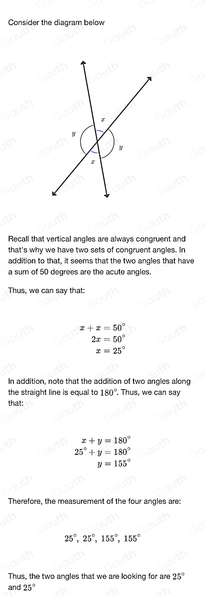 Solved: The sum of the measures of two of the angles formed by the ...
