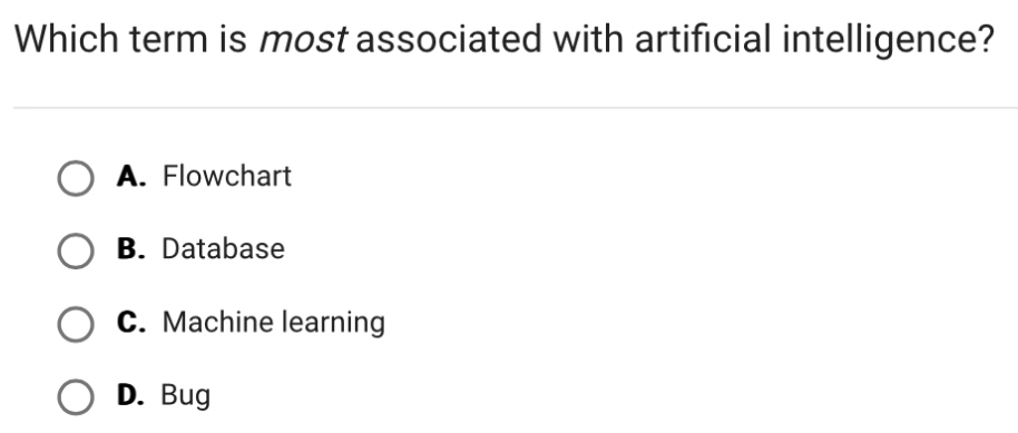 Solved: Which term is most associated with artificial intelligence? A ...