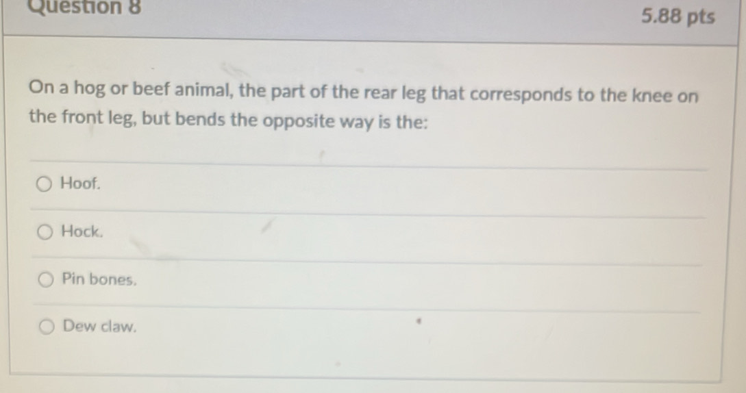 Solved: On a hog or beef animal, the part of the rear leg that ...