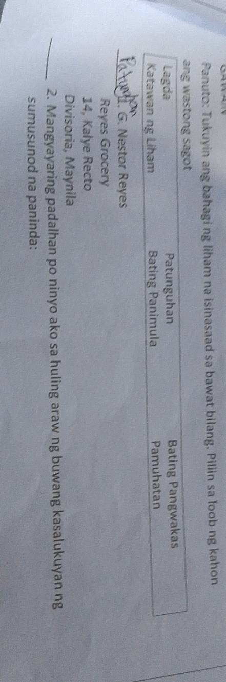 Solved: Panuto: Tukuyin ang bahagi ng liham na isinasaad sa bawat ...