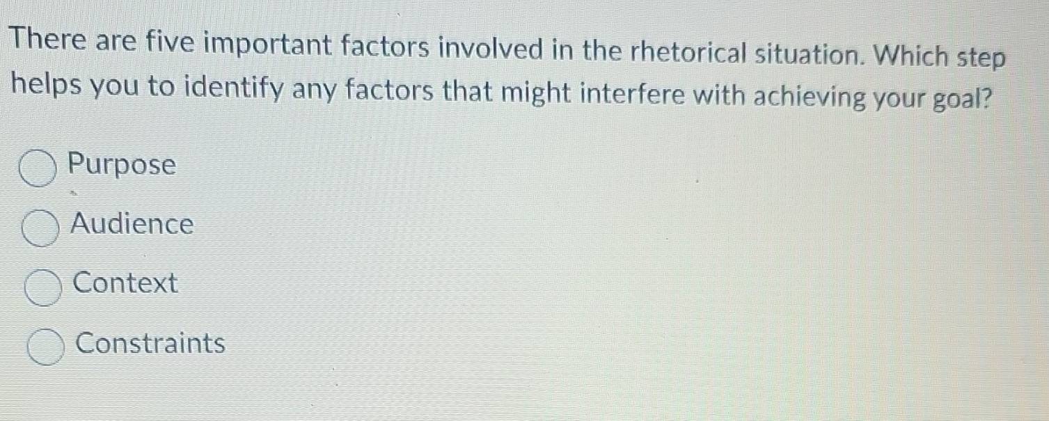Solved: There are five important factors involved in the rhetorical ...
