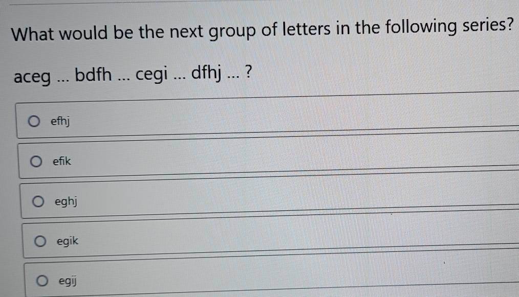 Solved: What would be the next group of letters in the following series ...