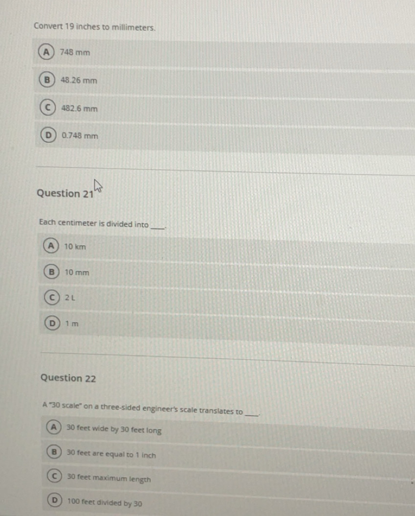 Solved: Convert 19 inches to millimeters. A 748 mm B 48.26 mm C 482.6 ...