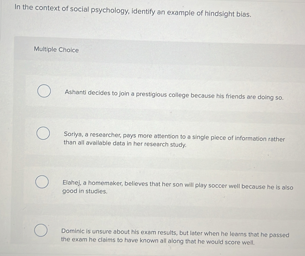Solved: In the context of social psychology, identify an example of ...