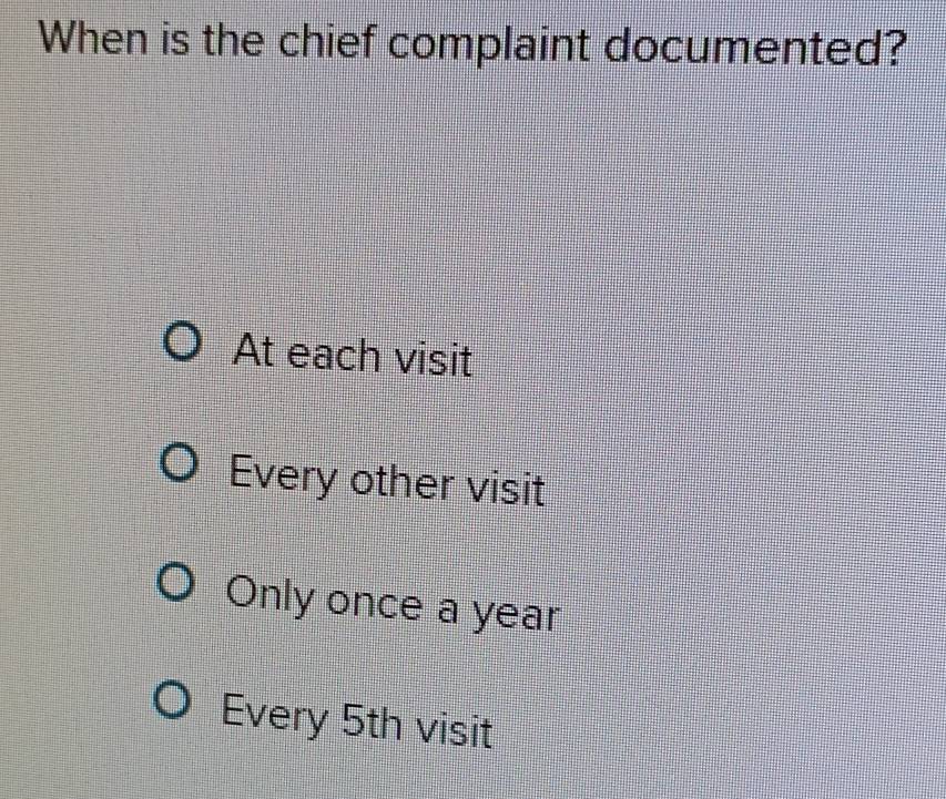 Solved: When is the chief complaint documented? At each visit Every ...