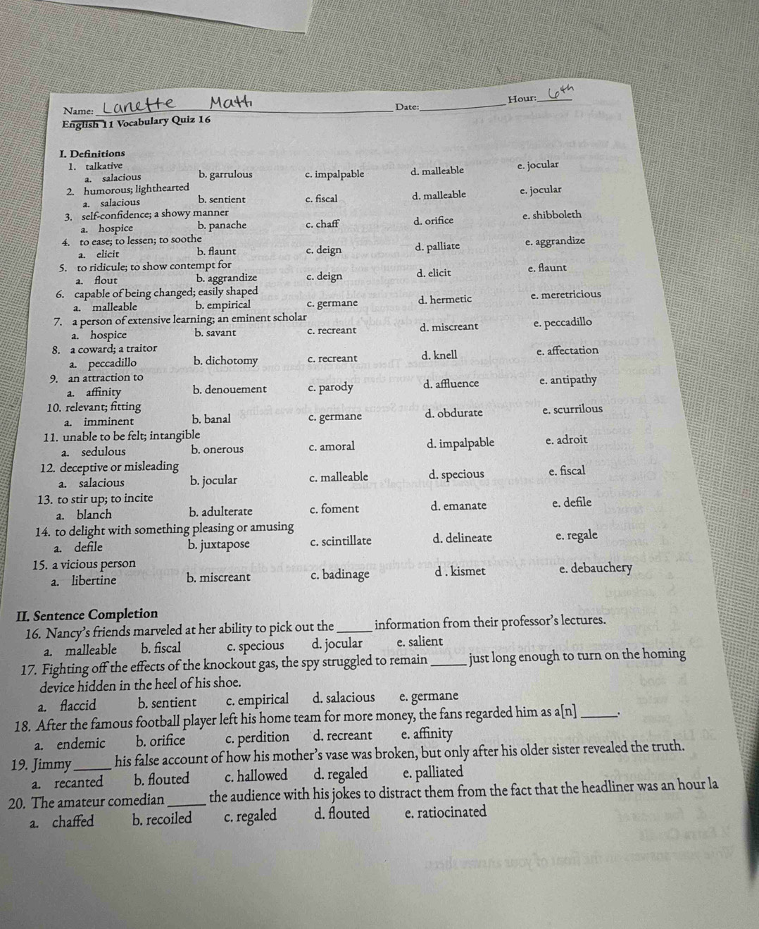 Solved: Hour_ Name:_ Date: _ English 11 Vocabulary Quiz 16 I ...