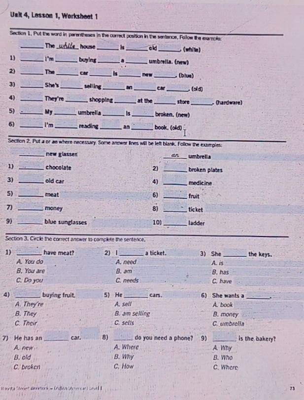 Resuelto:Unit 4, Lesson 1, Worksheet 1 Section 1. Put the word in ...