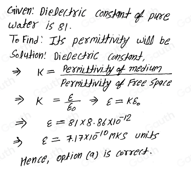 Solved: Dielectric constant of pure water is 81. Its permittivity will ...