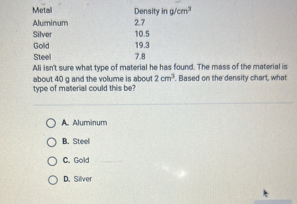 Solved: Metal Density in g/cm^3 Aluminum 2.7 Silver 10.5 Gold 19.3 ...