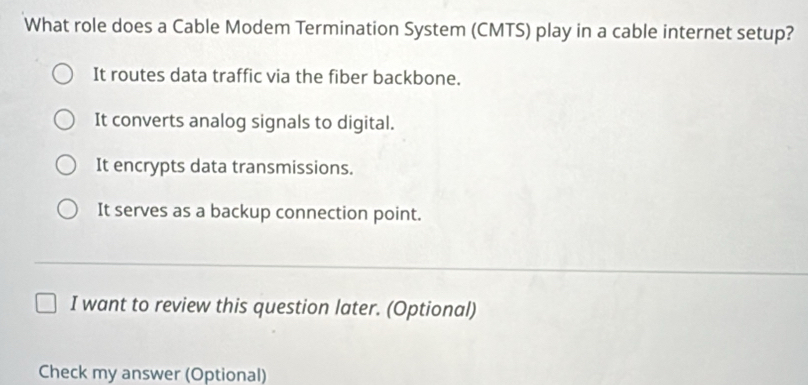 Solved: What role does a Cable Modem Termination System (CMTS) play in ...