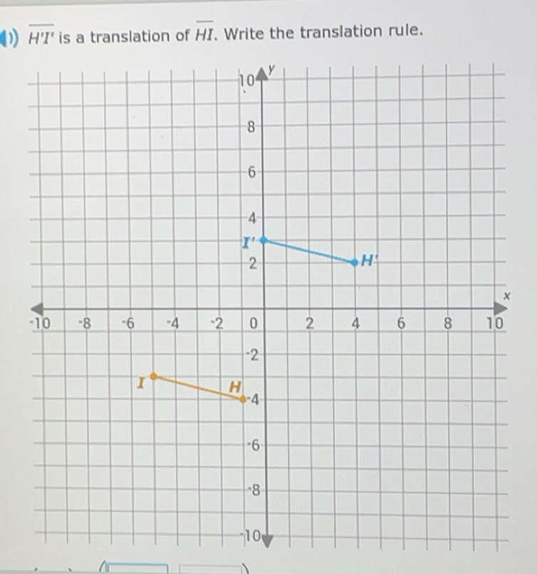 Solved: ) overline H'I' is a translation of overline HI. Write the ...