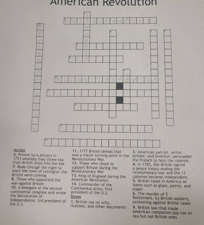 Solved: American Revolutión Across 11. 1777 British defeat that 3 ...