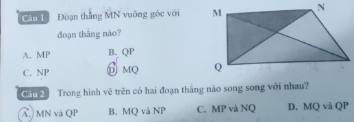 Giải quyết:Đoạn thẳng MN vuông góc với đoạn thắng nào? A. MP B. QP C ...