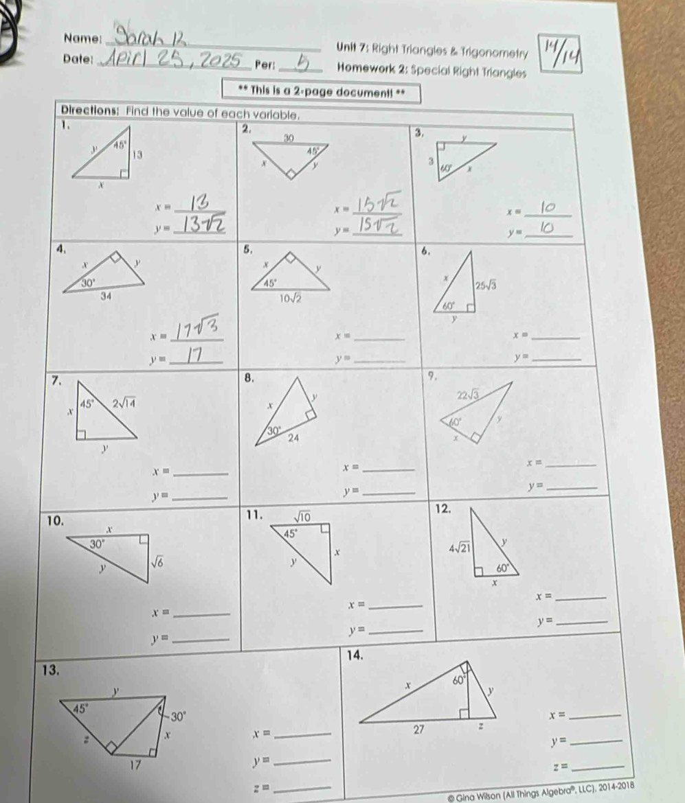 Solved: Name: _Unit 7: Right Triangles & Trigonometry Date: _Per ...
