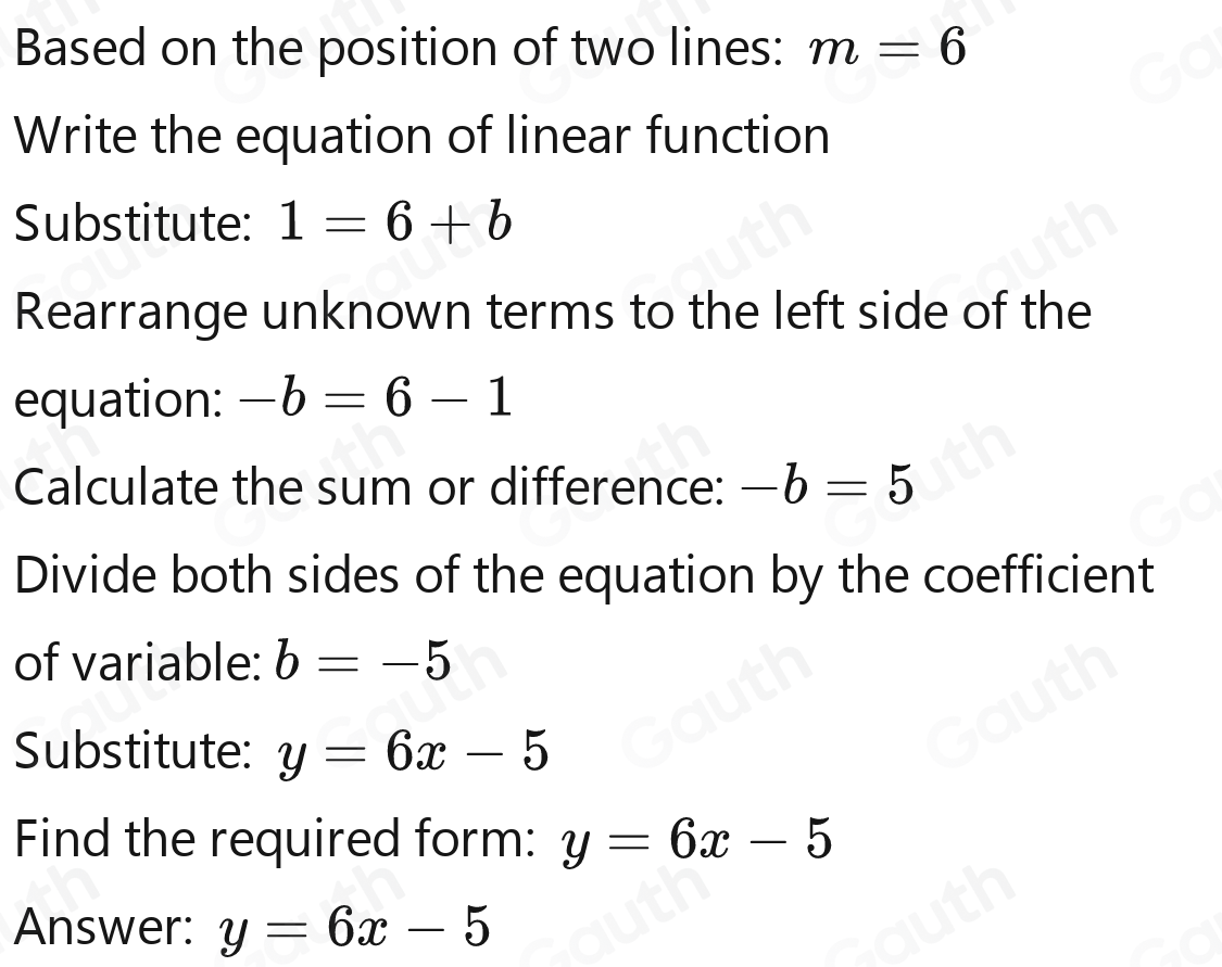 Solved: The equation of line g is y=6x-7. Line h, which is parallel to line g, includes the ...