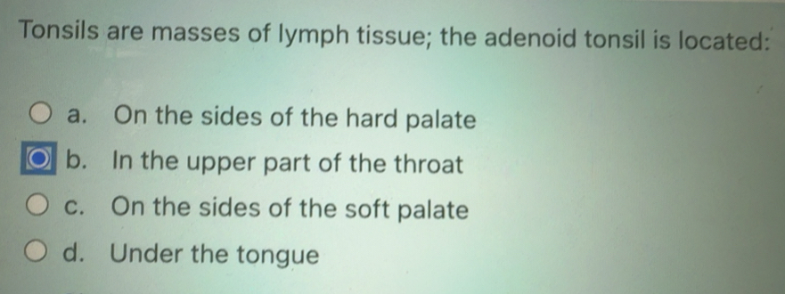 Solved: Tonsils are masses of lymph tissue; the adenoid tonsil is ...