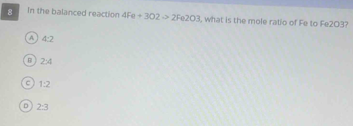 Solved: In the balanced reaction 4Fe+3O2to 2Fe2O3 , what is the mole ...