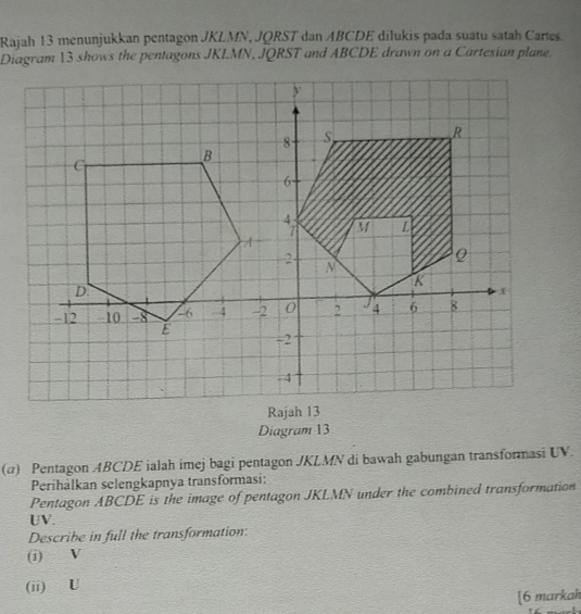 Selesai:Rajah 13 menunjukkan pentagon JKLMN, JQRST dan ABCDE dilukis ...