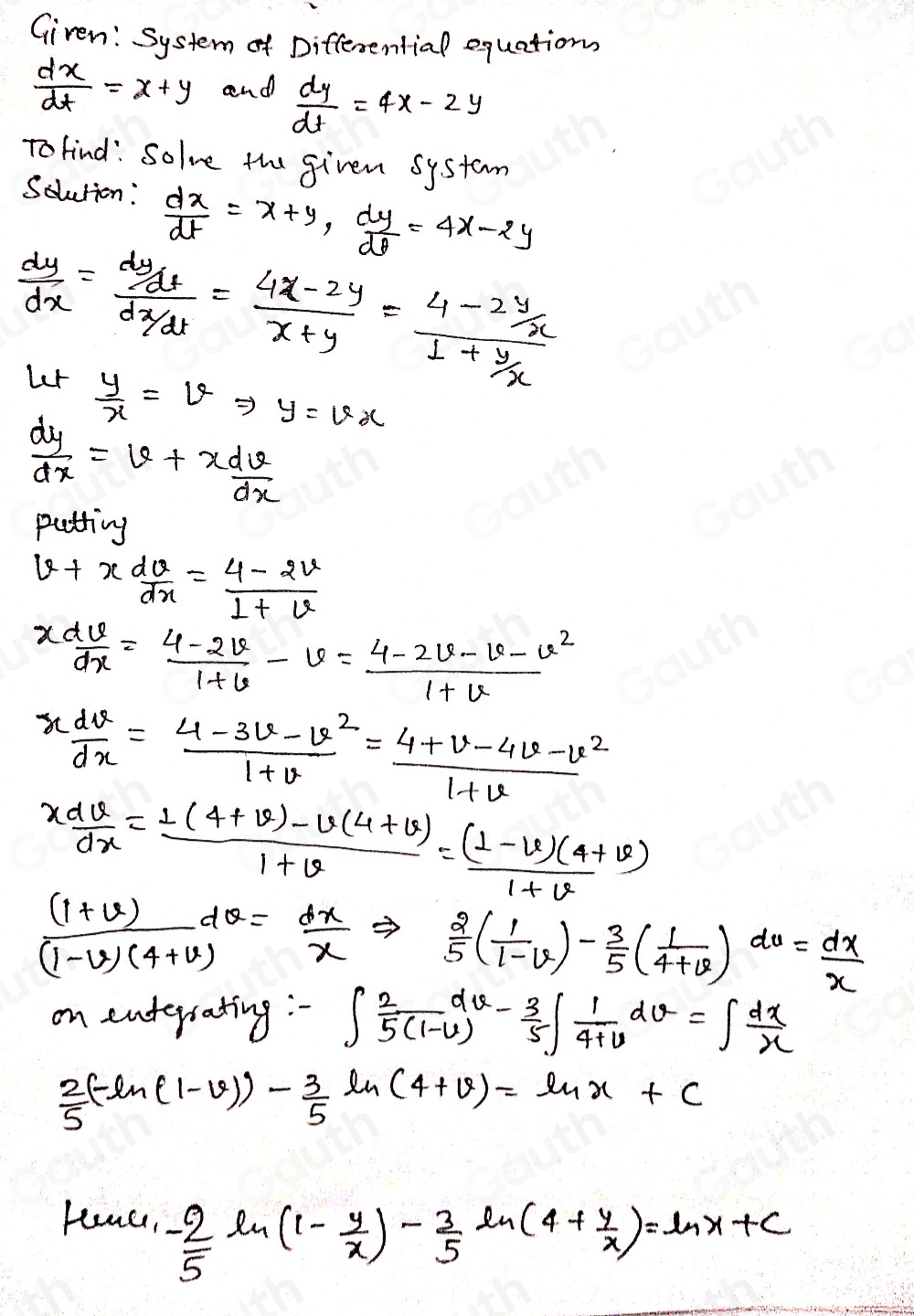 Solved: Solve system of Differential Equations dx/dt =x+y & ay/dt =4x ...