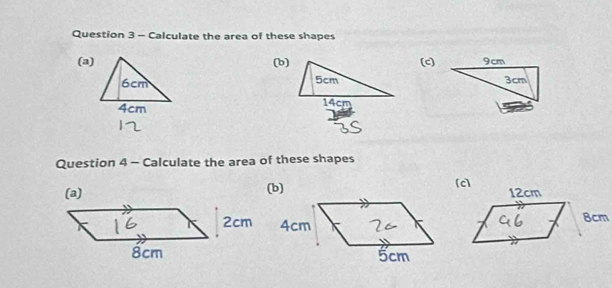 Solved: Calculate the area of these shapes (a) (b) (c) 9cm 6cm 5cm 3cm ...