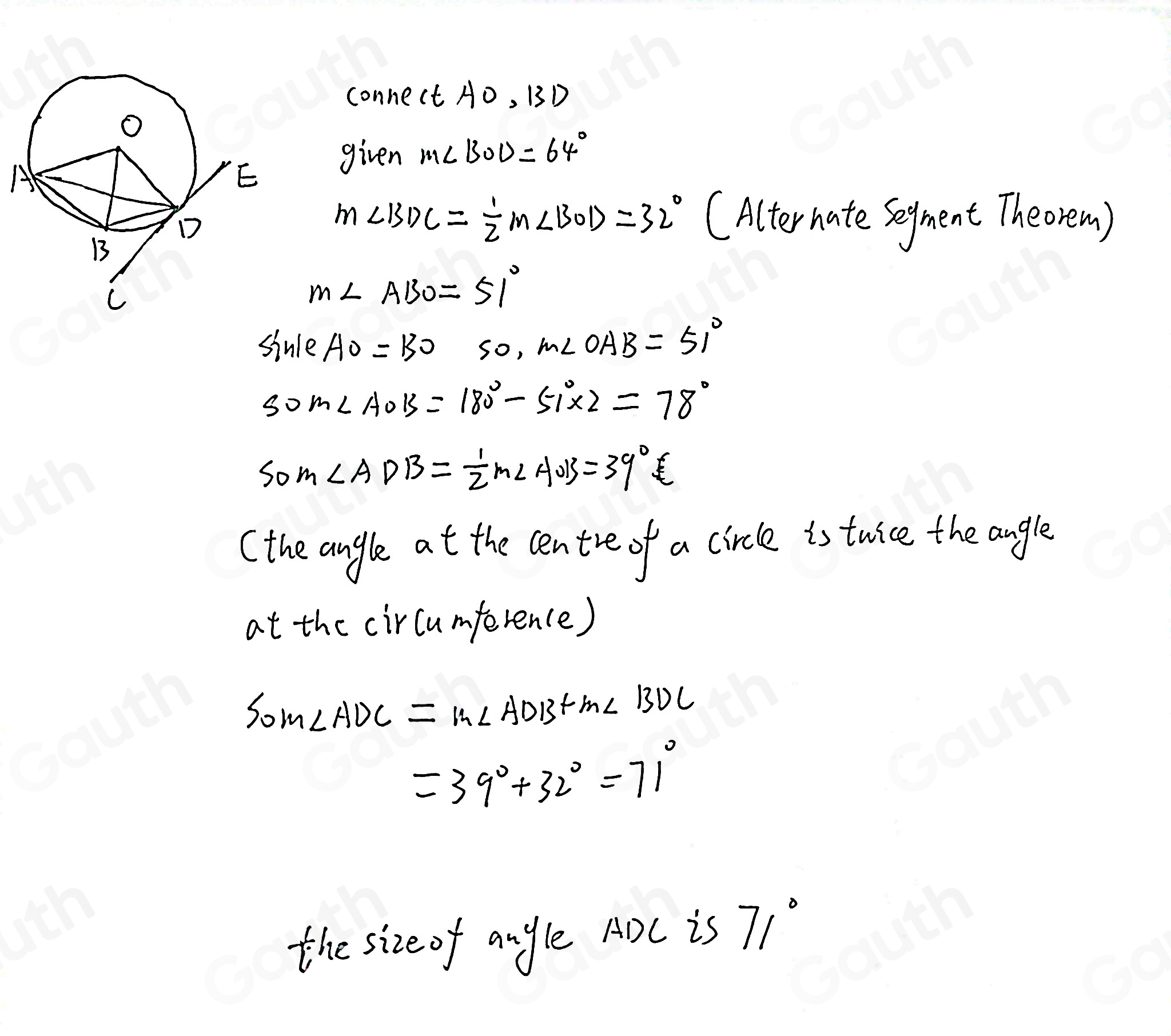 Solved: A, B and D are points on a circle with centre O. CDE is the tangent to the circle at D ...