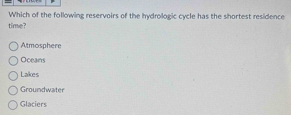 Solved: Which of the following reservoirs of the hydrologic cycle has ...