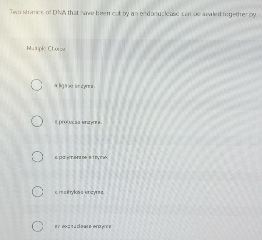 Solved: Two strands of DNA that have been cut by an endonuclease can be ...