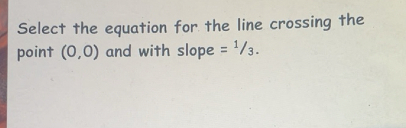 Solved: Select the equation for the line crossing the point (0,0) and ...