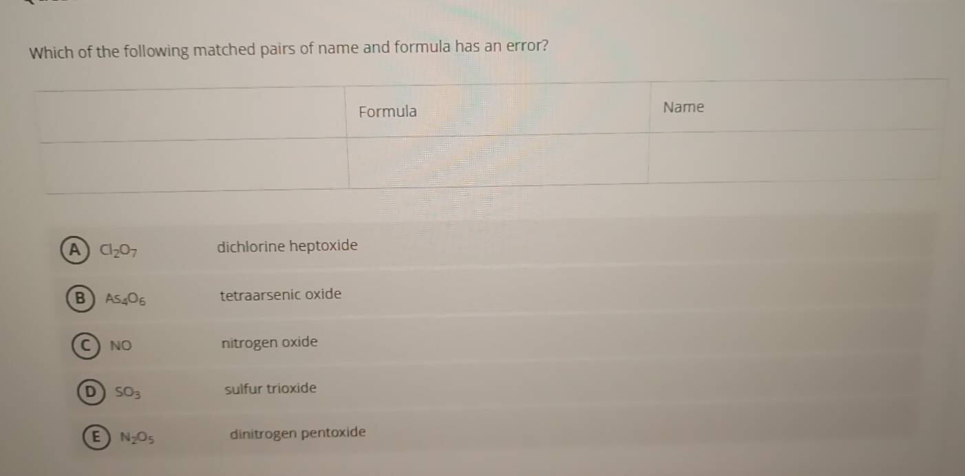 Solved: Which of the following matched pairs of name and formula has an ...