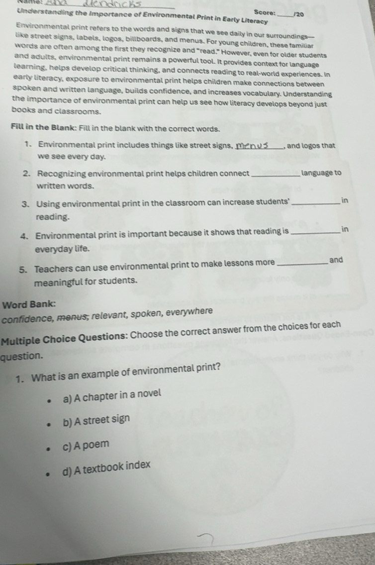 Solved: Score: Understanding the Importance of Environmental Print in ...