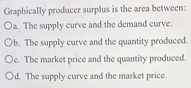 Solved: Graphically producer surplus is the area between: a. The supply ...