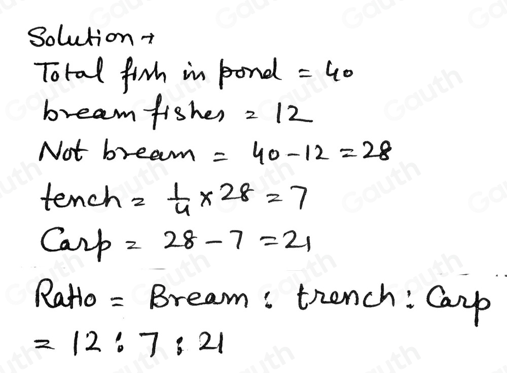 Solved: There are 40 fish in a pond. 12 of the fish are bream. Of the ...
