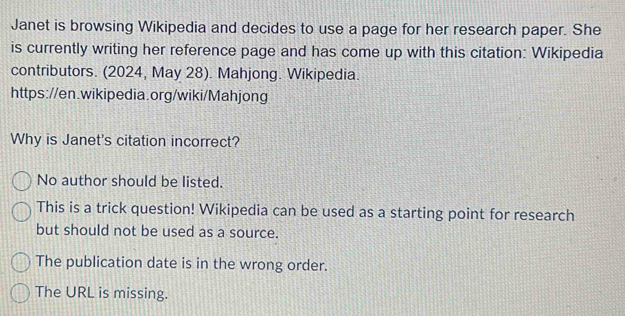 Solved: Janet is browsing Wikipedia and decides to use a page for her ...