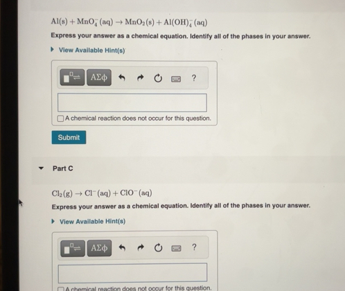 Solved: Al(s)+MnO_4^(-(aq)to MnO_2)(s)+Al(OH)_4^(-(aq) Express your ...
