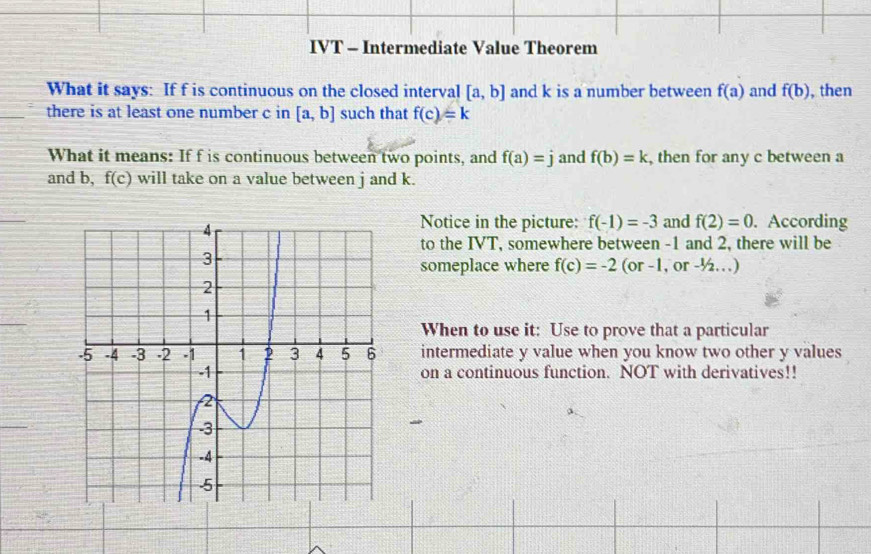 Solved: IVT - Intermediate Value Theorem What it says: If f is ...