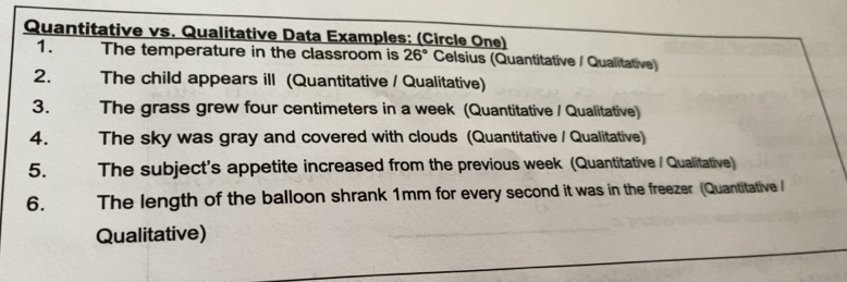 Solved: Quantitative vs. Qualitative Data Examples: (Circle One) 1. The ...