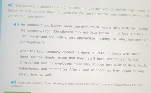 Gelöst:This passage is about Ole Kirk Christiansen, a toymaker who ...