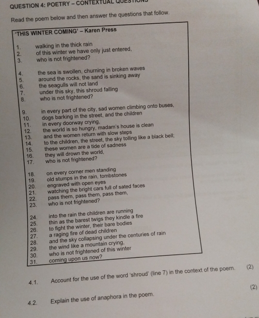 Solved: POETRY - CONTEXTUAL QUESTIUN Read the poem below and then ...