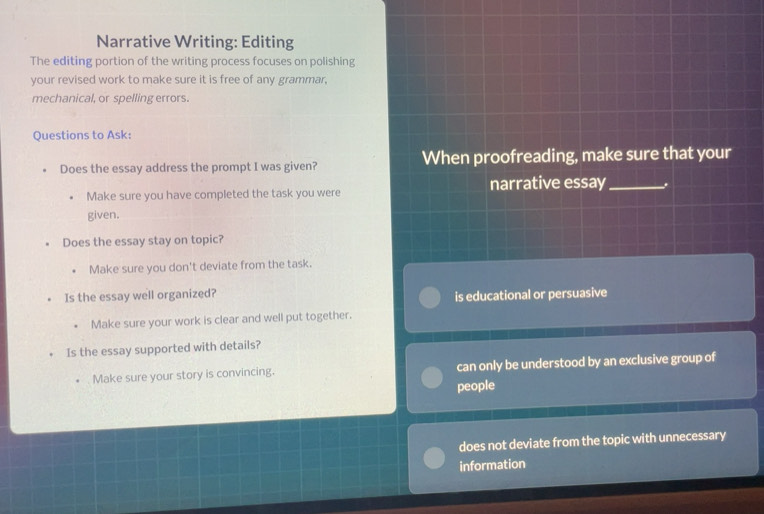 Solved: Narrative Writing: Editing The editing portion of the writing ...