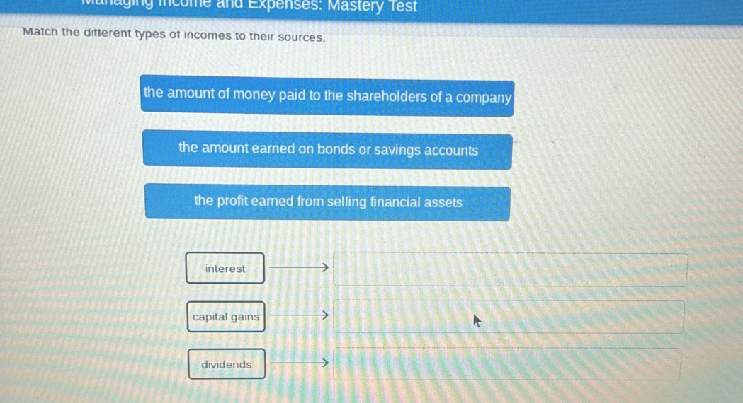 Solved: Managing income and Expenses: Mastery Test Match the different ...