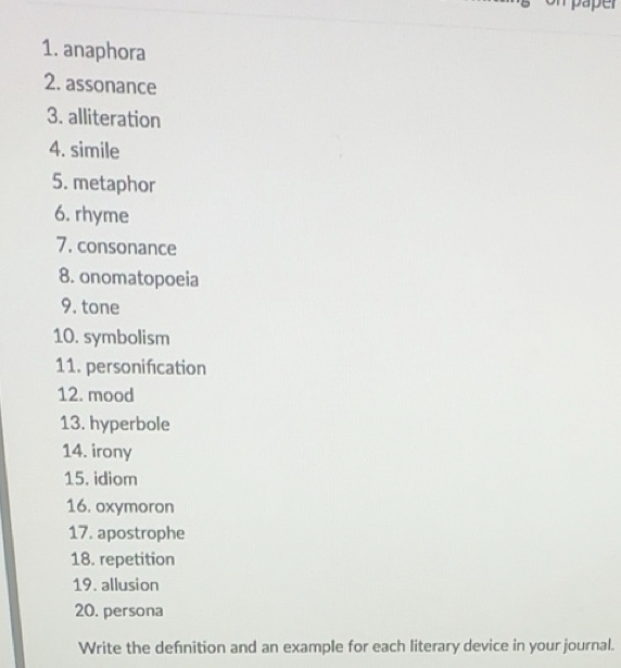 Solved: paper 1. anaphora 2. assonance 3. alliteration 4. simile 5 ...