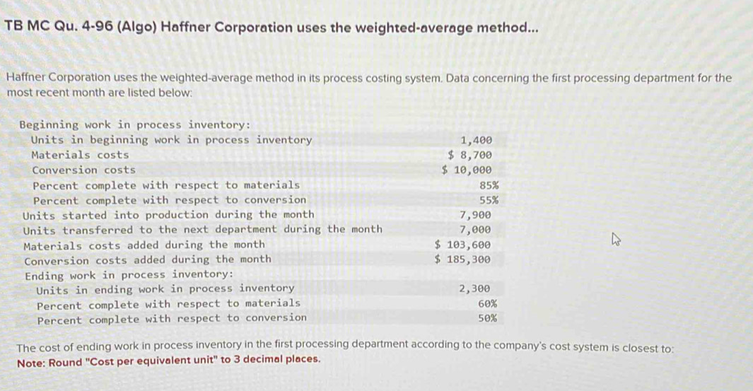 Solved: TB MC Qu. 4-96 (Algo) Haffner Corporation uses the weighted ...