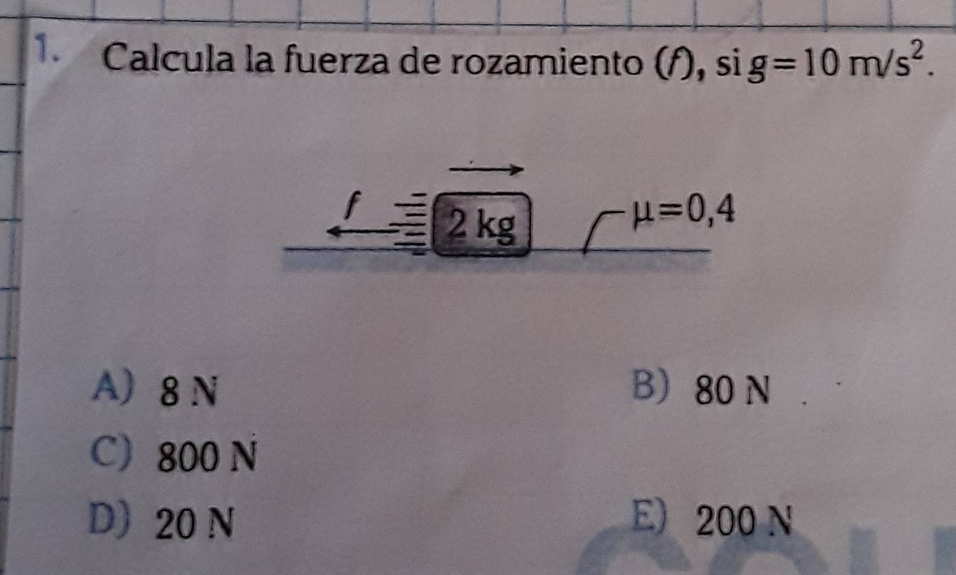 Resuelto:Calcula la fuerza de rozamiento (f), si g=10m/s^2. f 2 kg mu ...